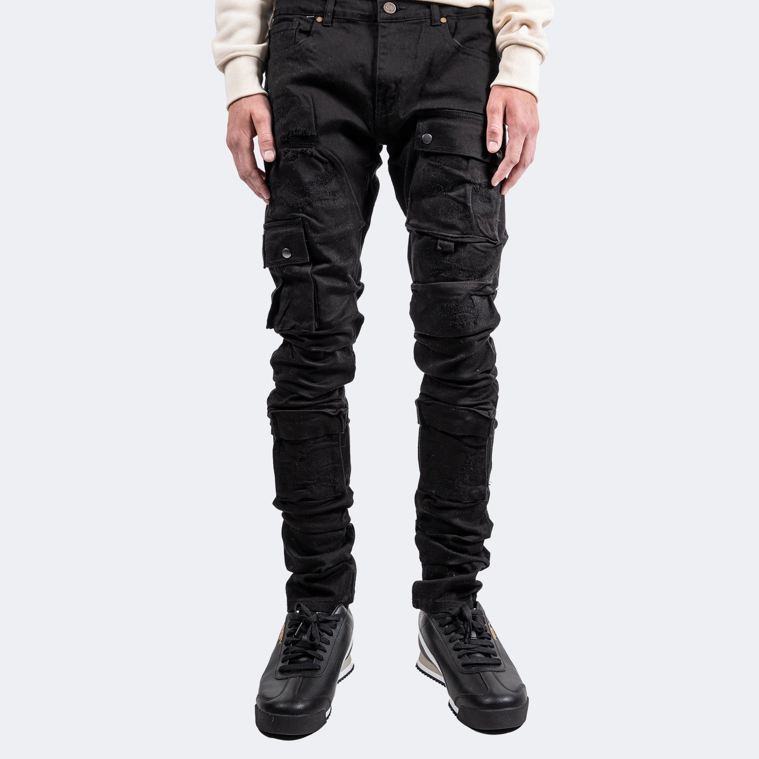 Men's TMTY Cargo Skinny Stacked Jeans Jet Black | Chicago City Sports
